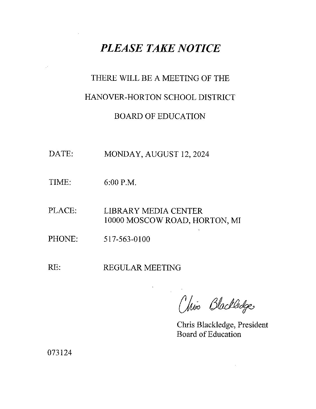 August 2024 Board Meeting Hanover Horton